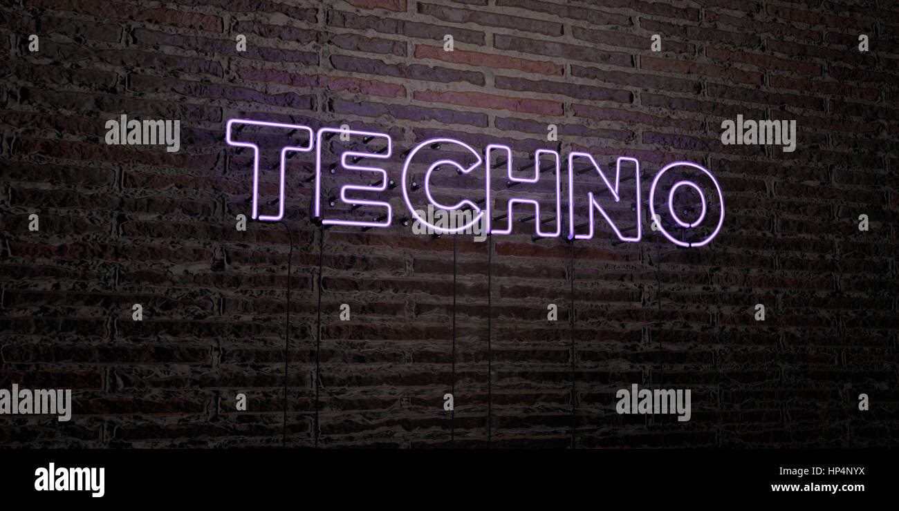 TECHNO -Realistic Neon Sign on Brick Wall background - 3D rendered ...