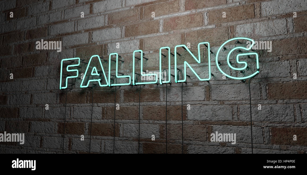 FALLING - Glowing Neon Sign on stonework wall - 3D rendered royalty ...