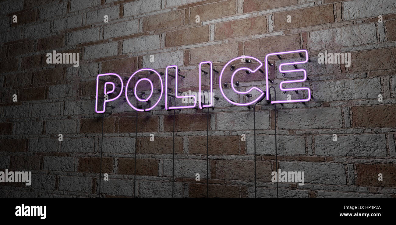 POLICE - Glowing Neon Sign on stonework wall - 3D rendered royalty free ...