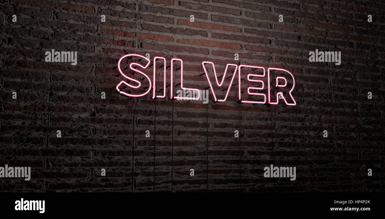 SILVER -Realistic Neon Sign on Brick Wall background - 3D rendered ...