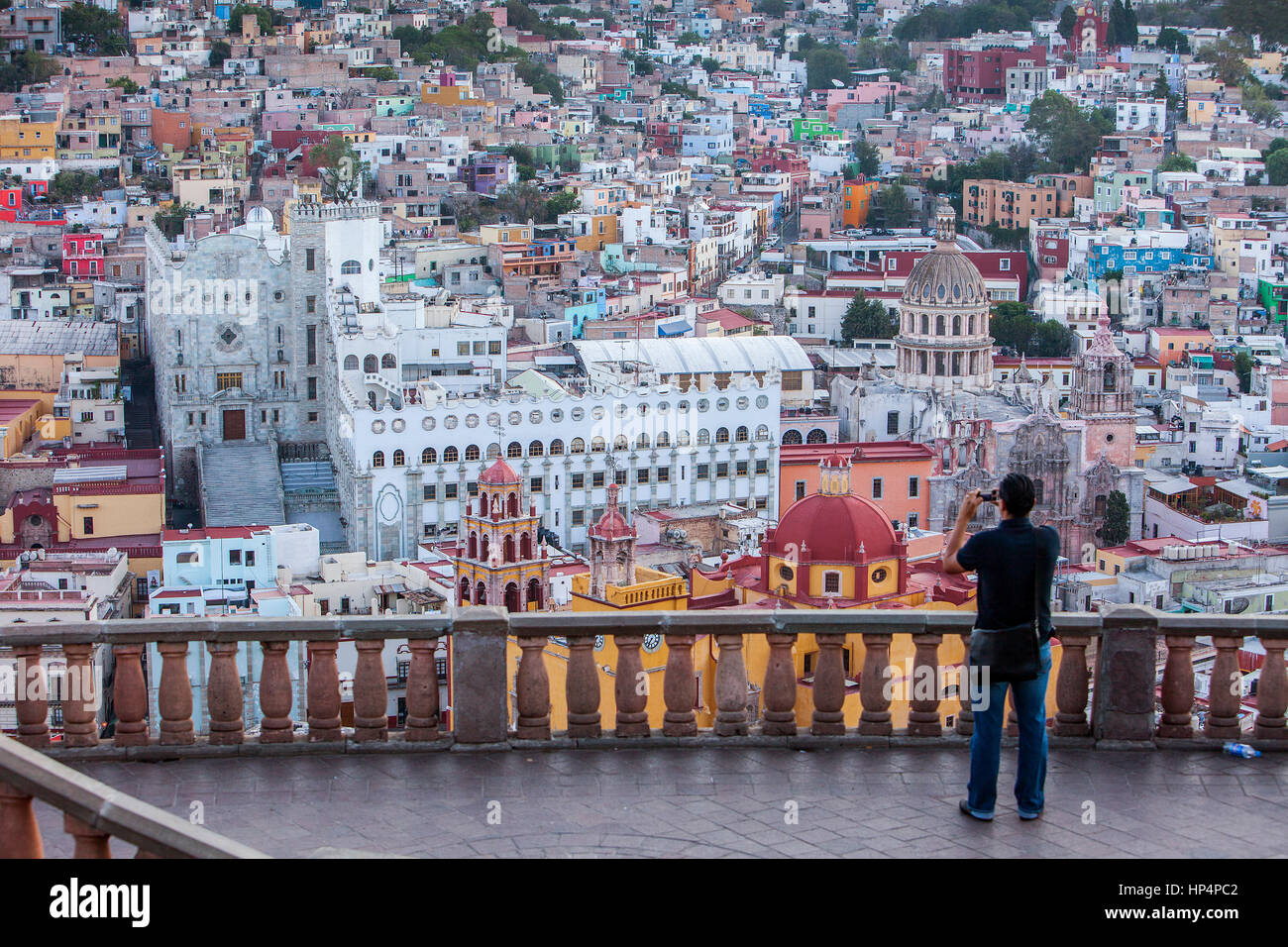 Tourists, View of Guanajuato from the `Mirador el Pipila´, state ...