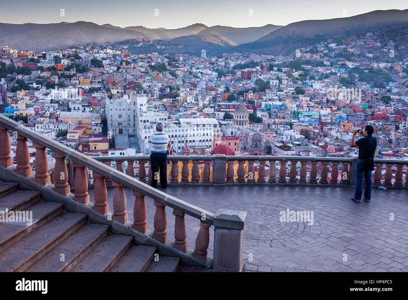 Tourists, View of Guanajuato from the `Mirador el Pipila´, state ...