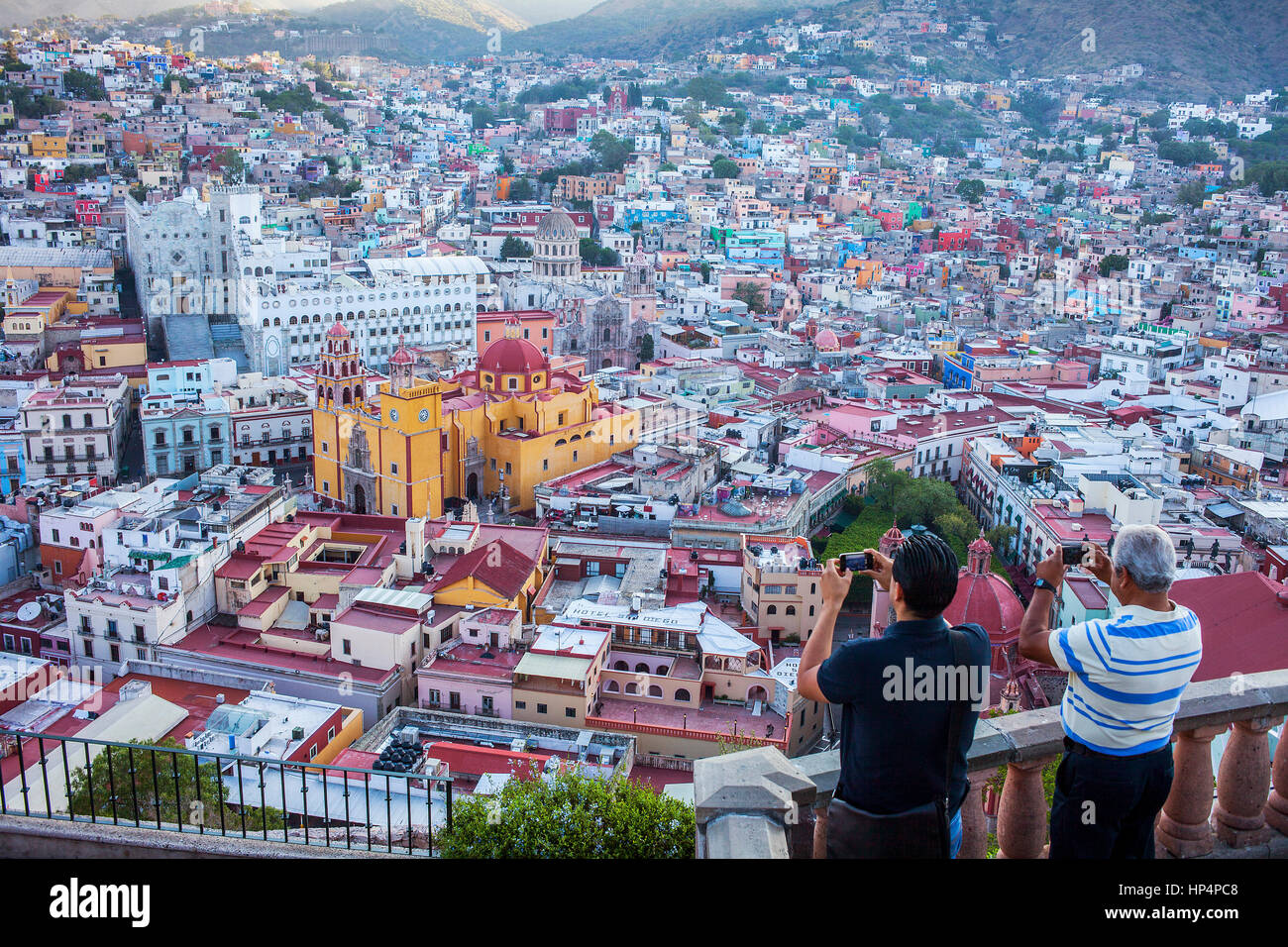 Tourists, View of Guanajuato from the `Mirador el Pipila´, state ...