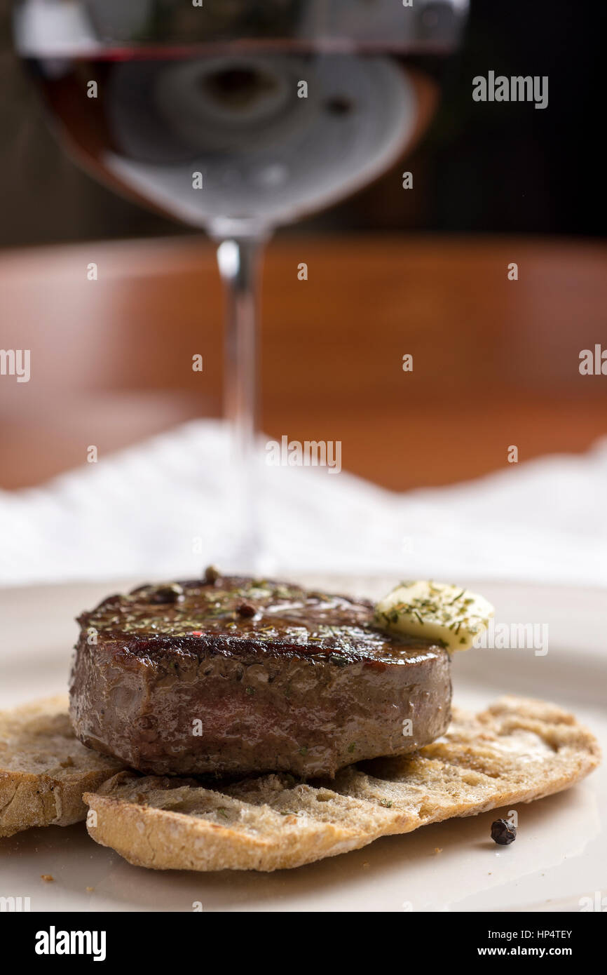 Beef Steak Fillet on Toasted Baguette Bread with Melting Butter and ...