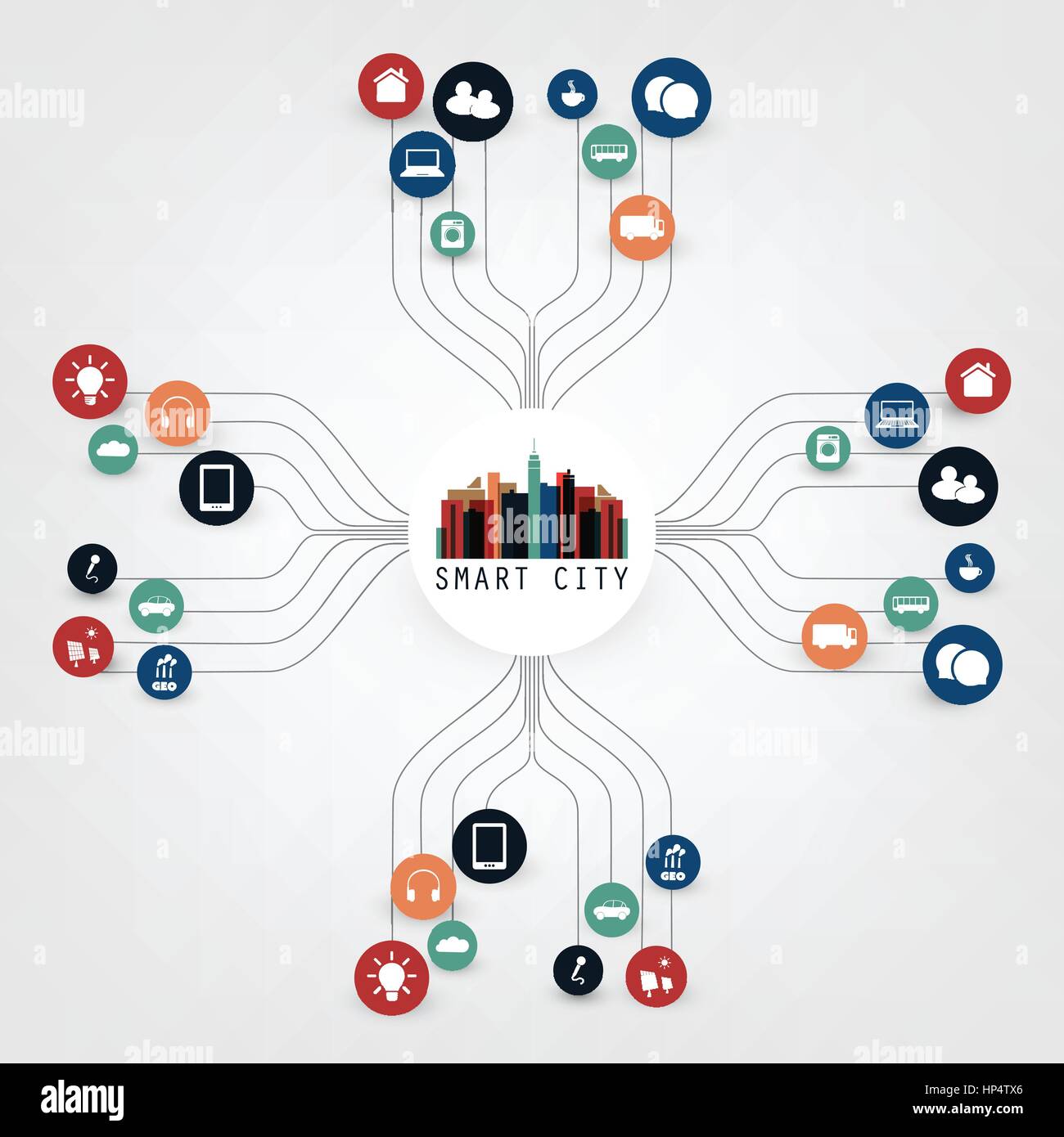 Colorful Smart City Design Concept with Icons - Digital Network ...