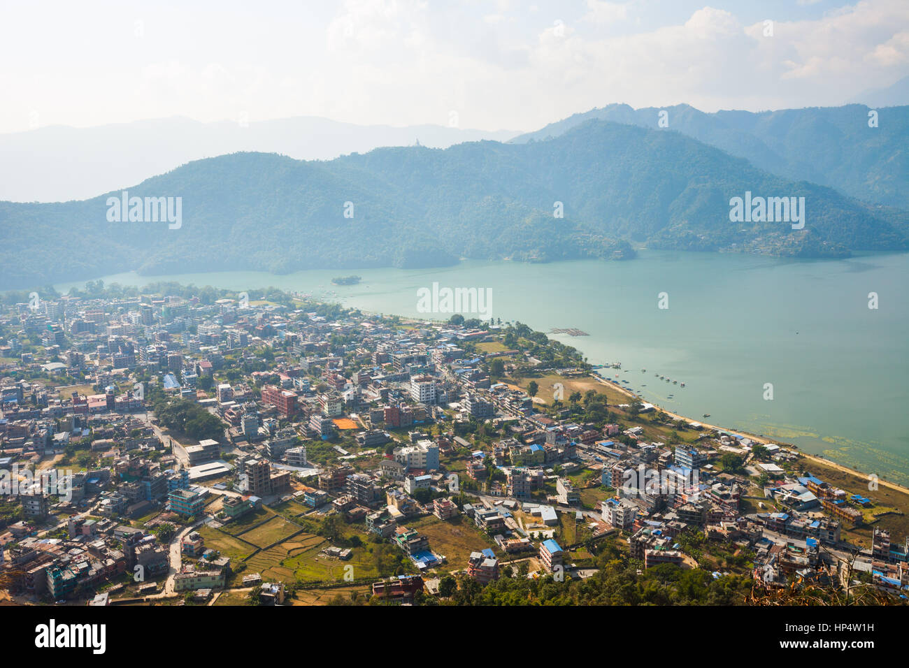 View over Lakeside district, Pokhara, Nepal, with Fewa (Phewa) Lake ...