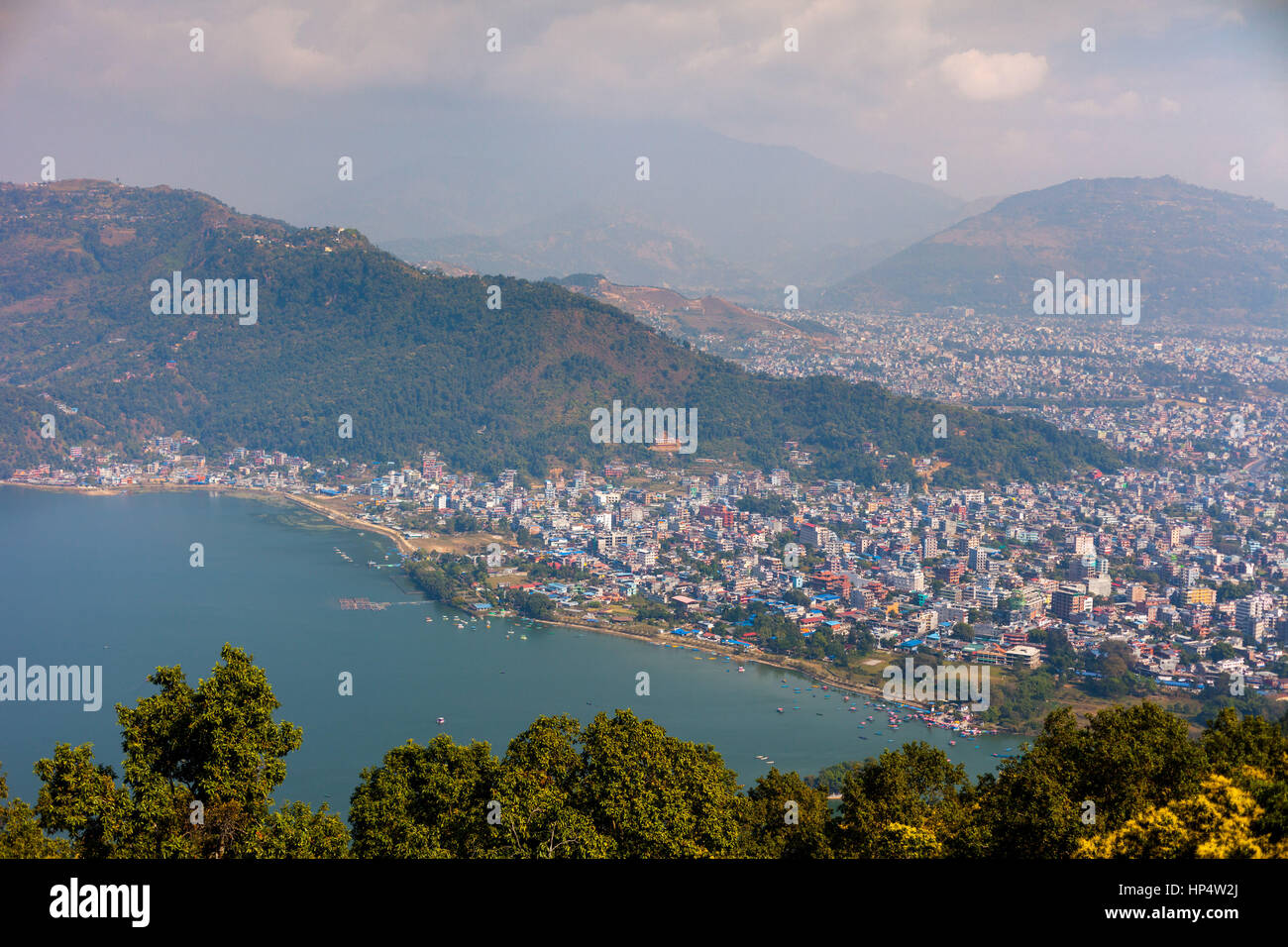 View over Lakeside district, Pokhara, Nepal, with Fewa (Phewa) Lake ...