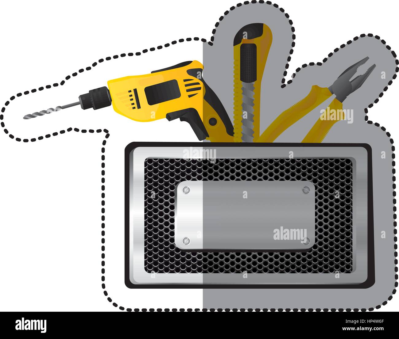 sticker rectangle metallic frame with grille perforated and tools Stock ...