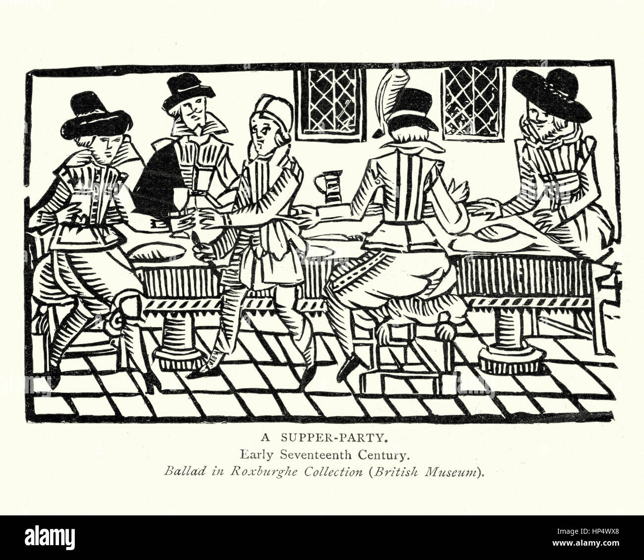 Woodcut of a Early 17th Cnetury Supper Party, Gentlemen eating a meal ...