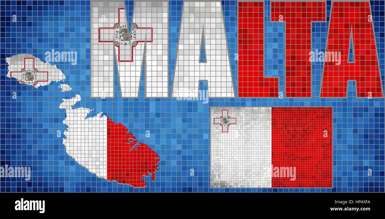 Mosaic Map And Flag Of Malta Illustration Grunge Mosaic Maltese Flag