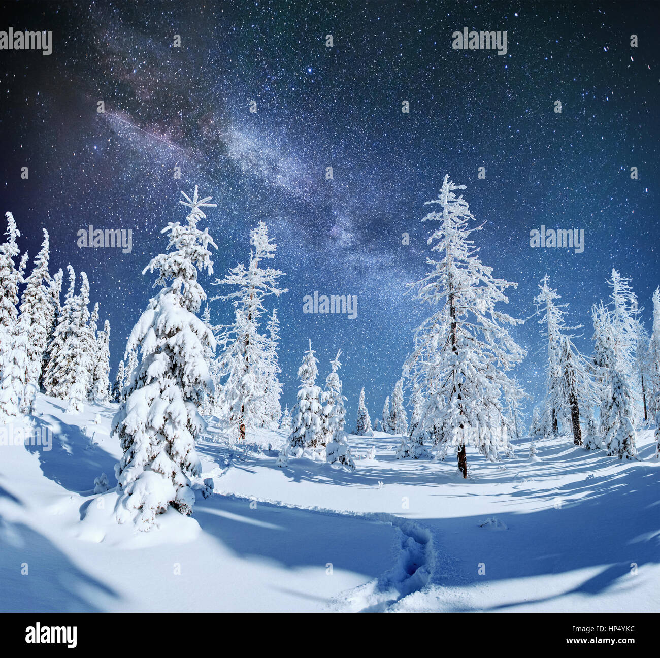 starry sky in winter snowy night. fantastic milky way Stock Photo - Alamy