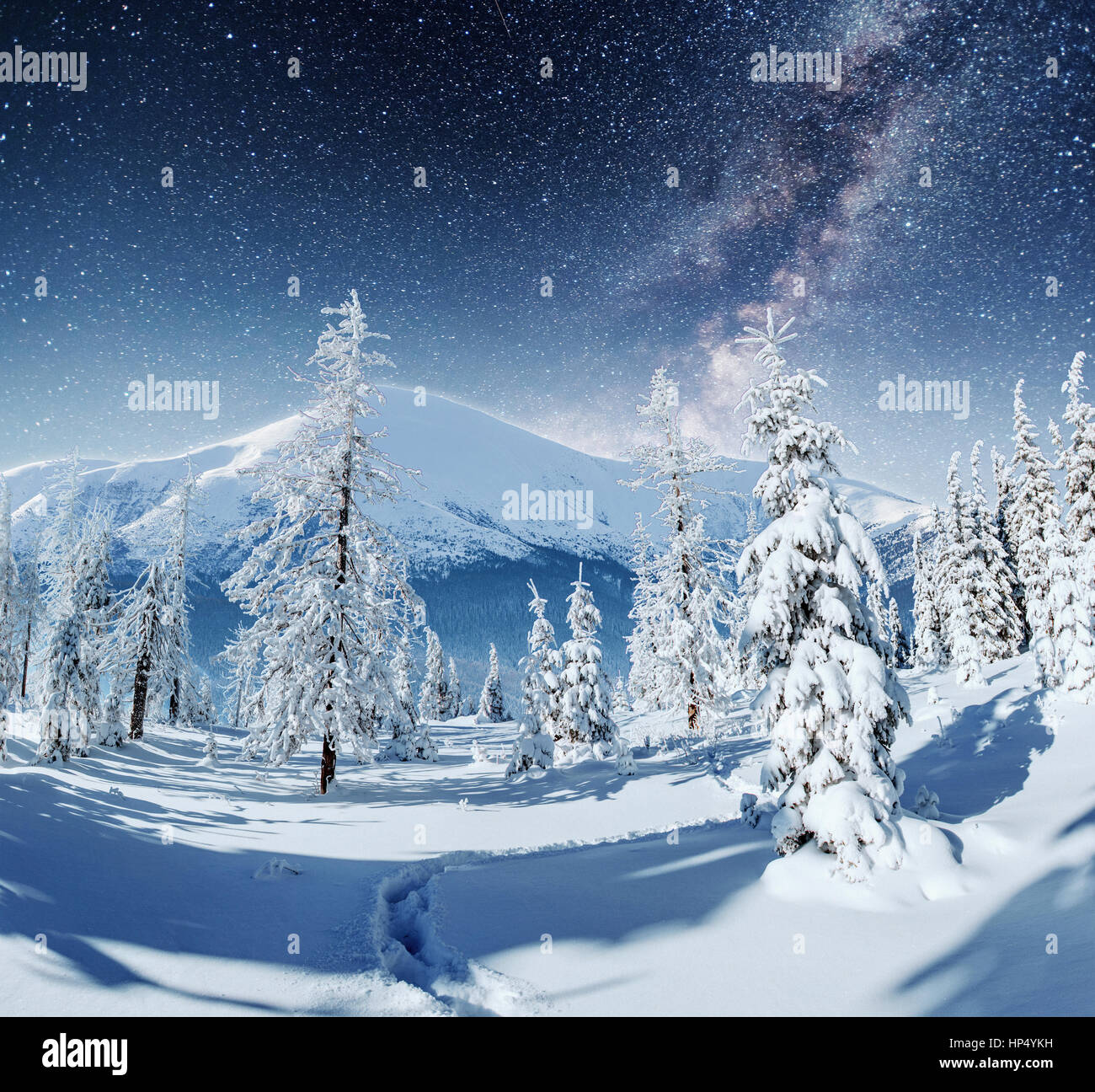 starry sky in winter snowy night. fantastic milky way Stock Photo - Alamy