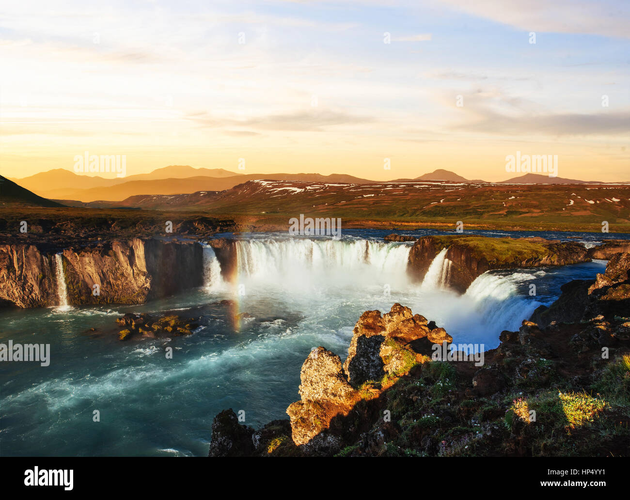 Godafoss waterfall at sunset. Beauty world. Iceland, Europe Stock Photo ...