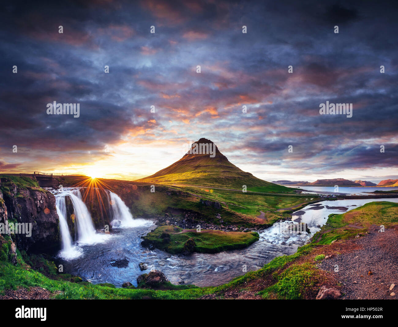 The picturesque sunset over landscapes and waterfalls. Kirkjufel Stock ...