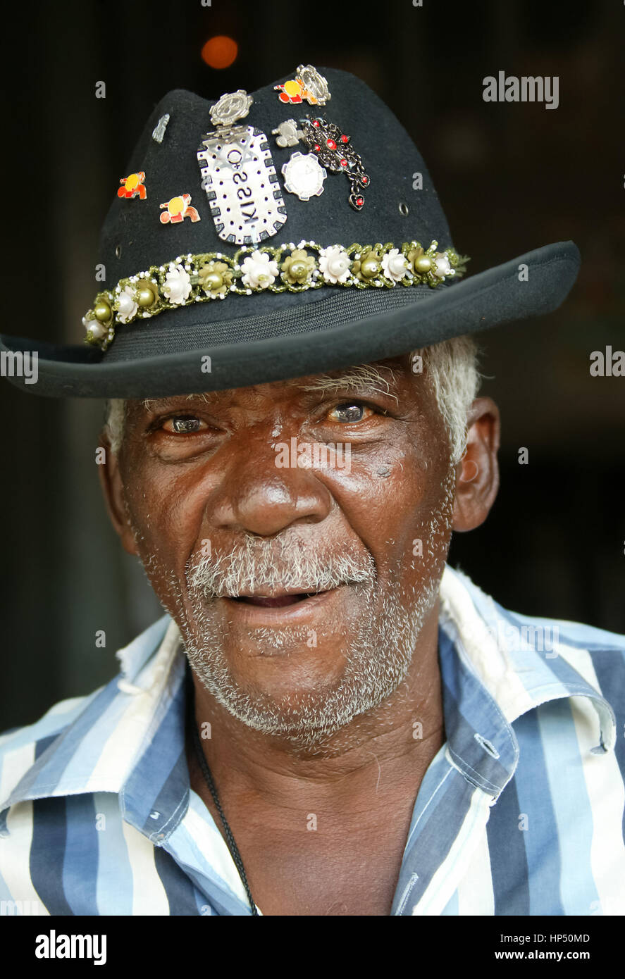 Port Louis, street scene, street vendor, old town, hat with silver ...