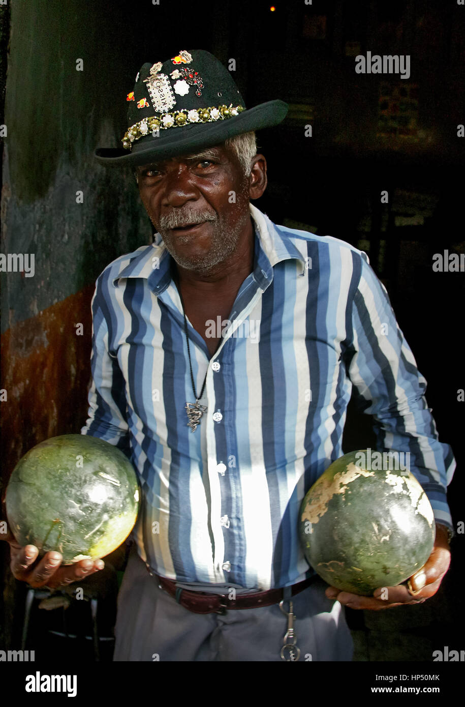Port Louis, street scene, street vendor, old town, hat with silver ...