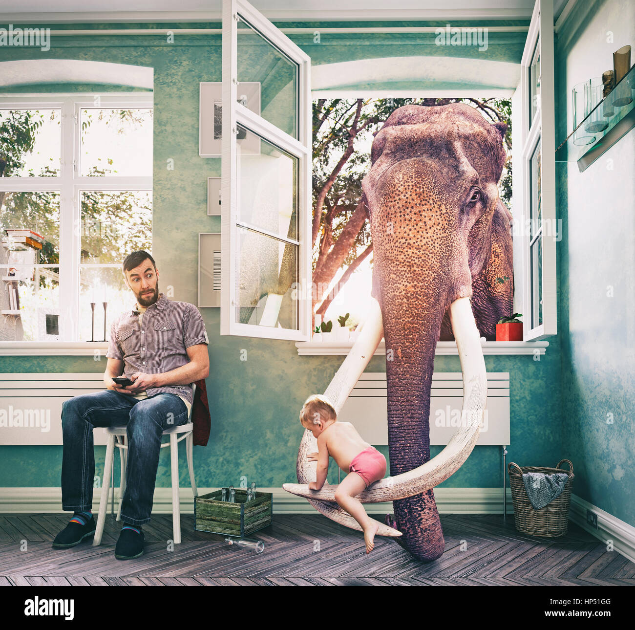 Elephant takes the child through a window, while his father looks ...