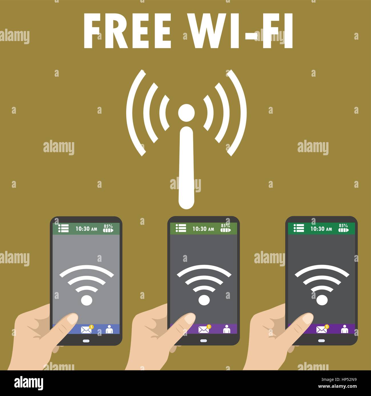 Flat vector image of hands holding smartphone, free wi-fi Stock Vector ...