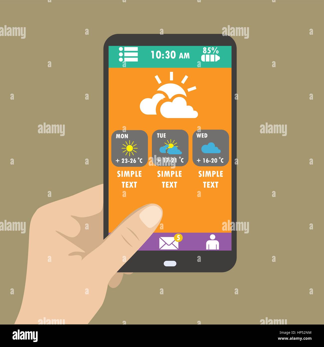 Hand holding smart phone, weather icons for web and mobile. Flat design ...