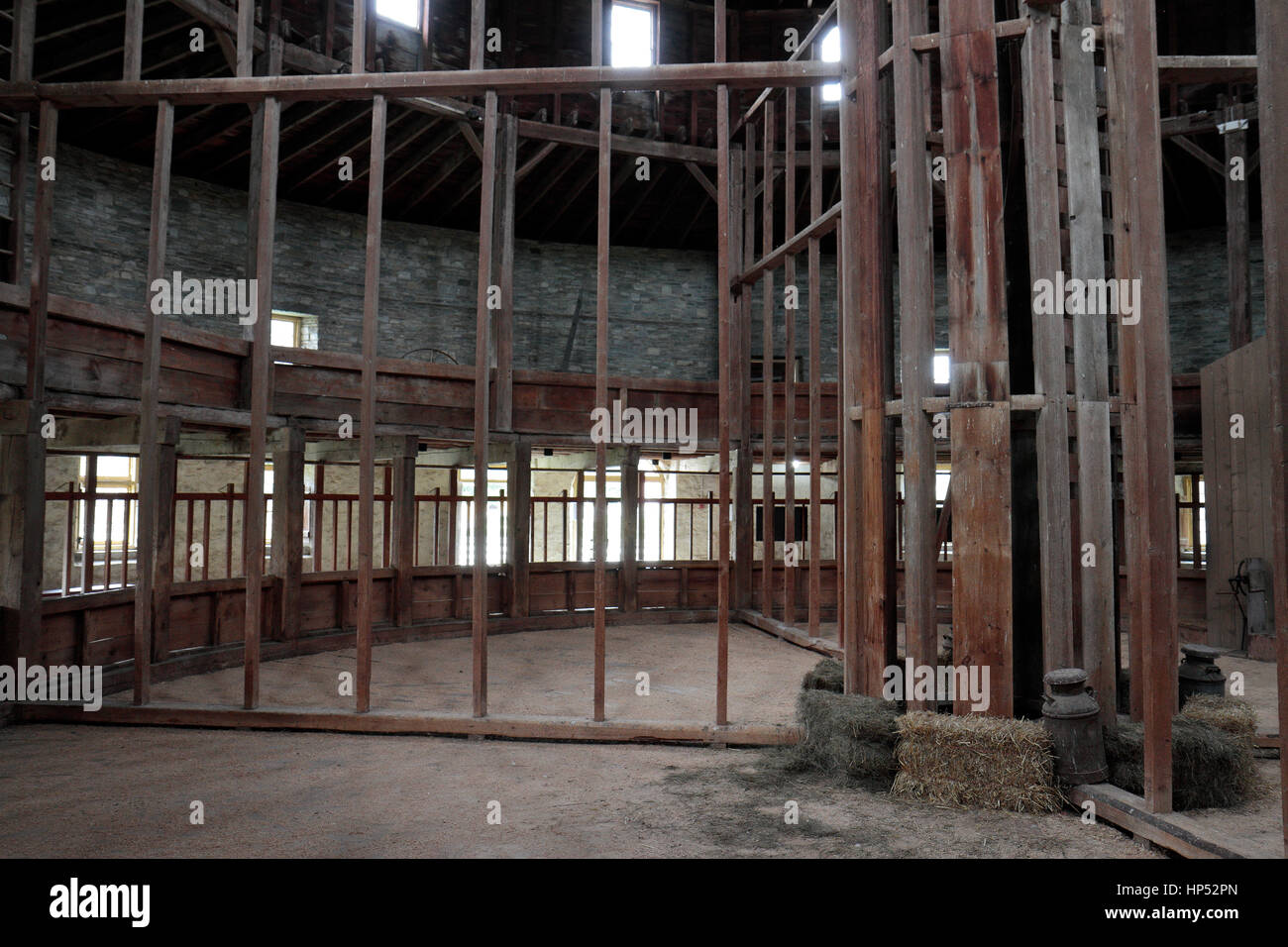 Looking up at the interior woodwork in the Round Stone Barn, built in ...
