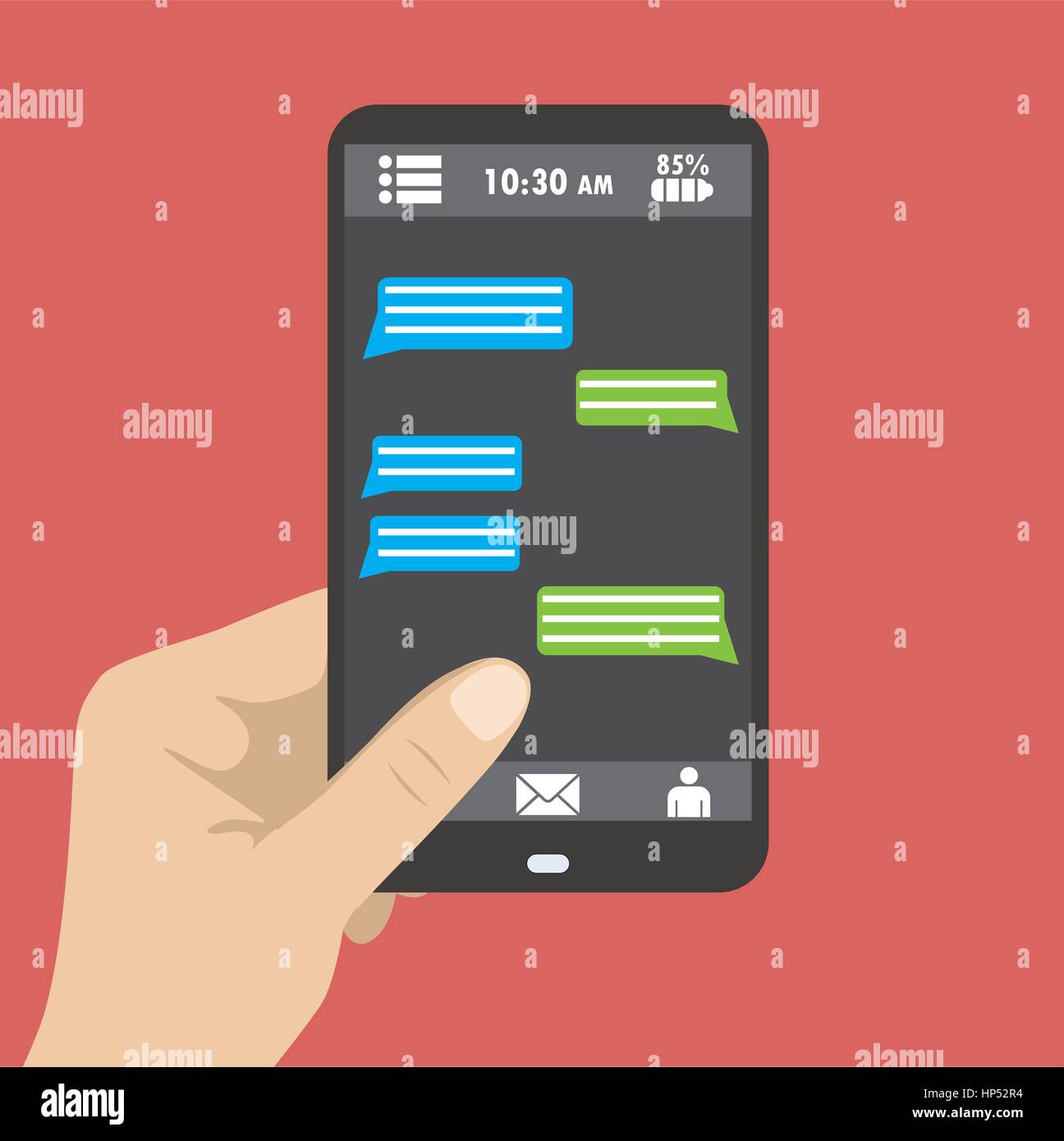 Hand holding black smartphone with blank speech bubbles for text. Text ...