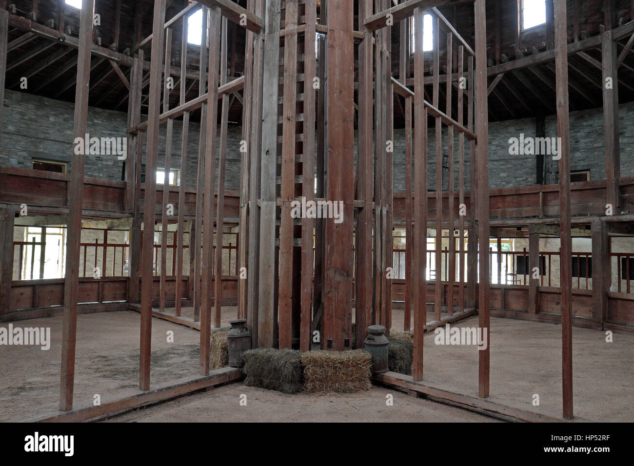 Looking up at the interior woodwork in the Round Stone Barn, built in ...