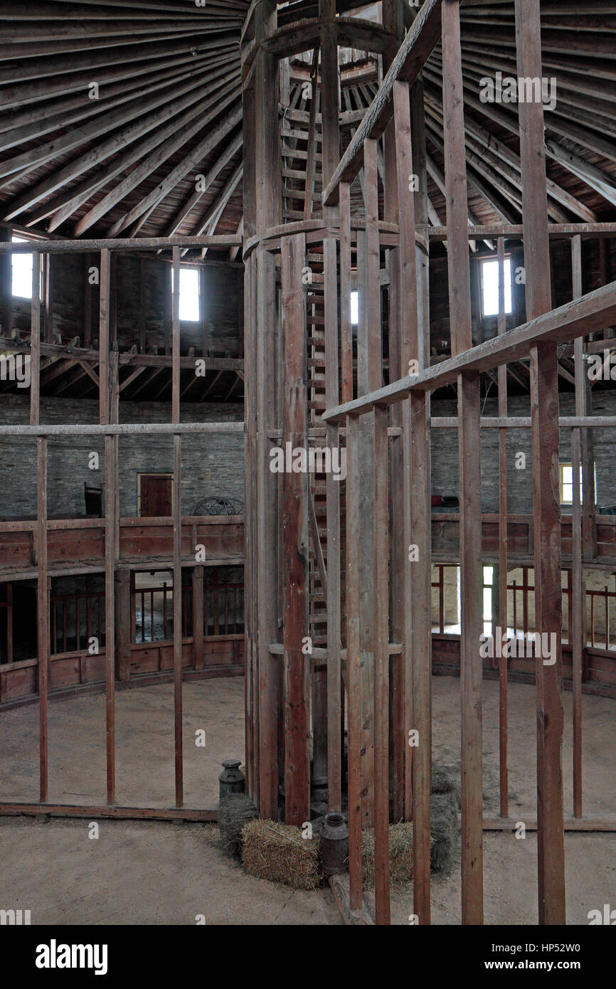 Looking up at the interior woodwork in the Round Stone Barn, built in ...
