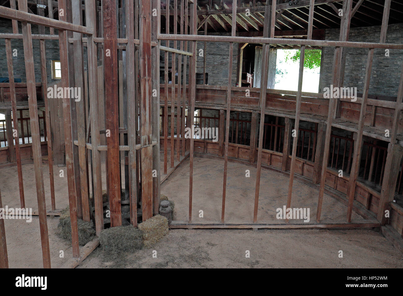 Looking up at the interior woodwork in the Round Stone Barn, built in ...
