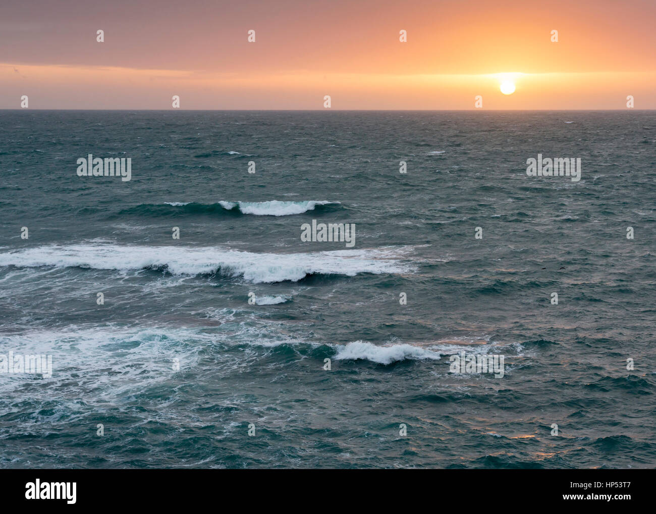 Atlantic ocean waves and sunset over sea, Cornwall, England, UK Stock ...