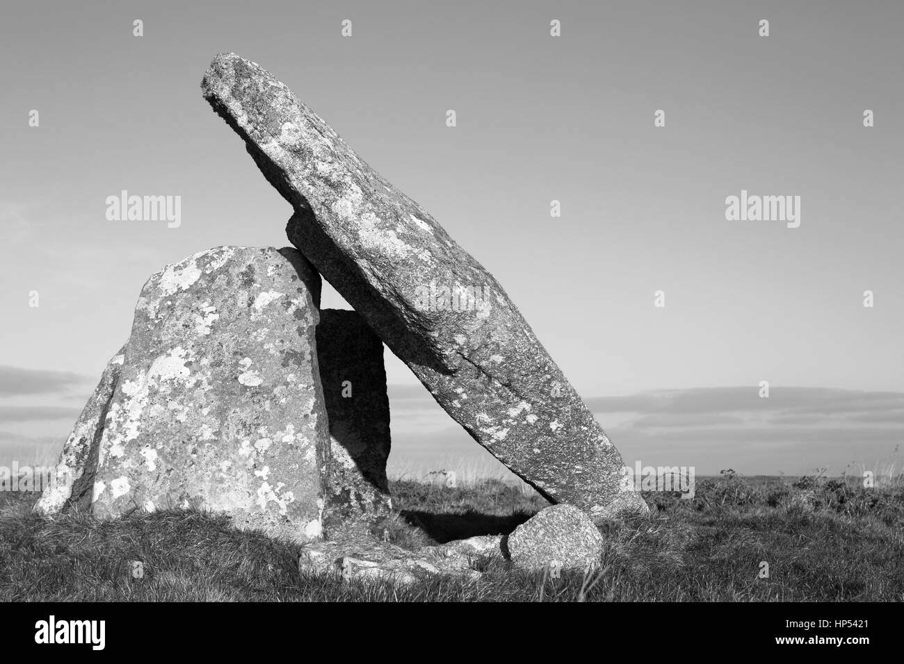 Mulfra Quoit standing stones, Cornwall, UK, Black and White Stock Photo ...