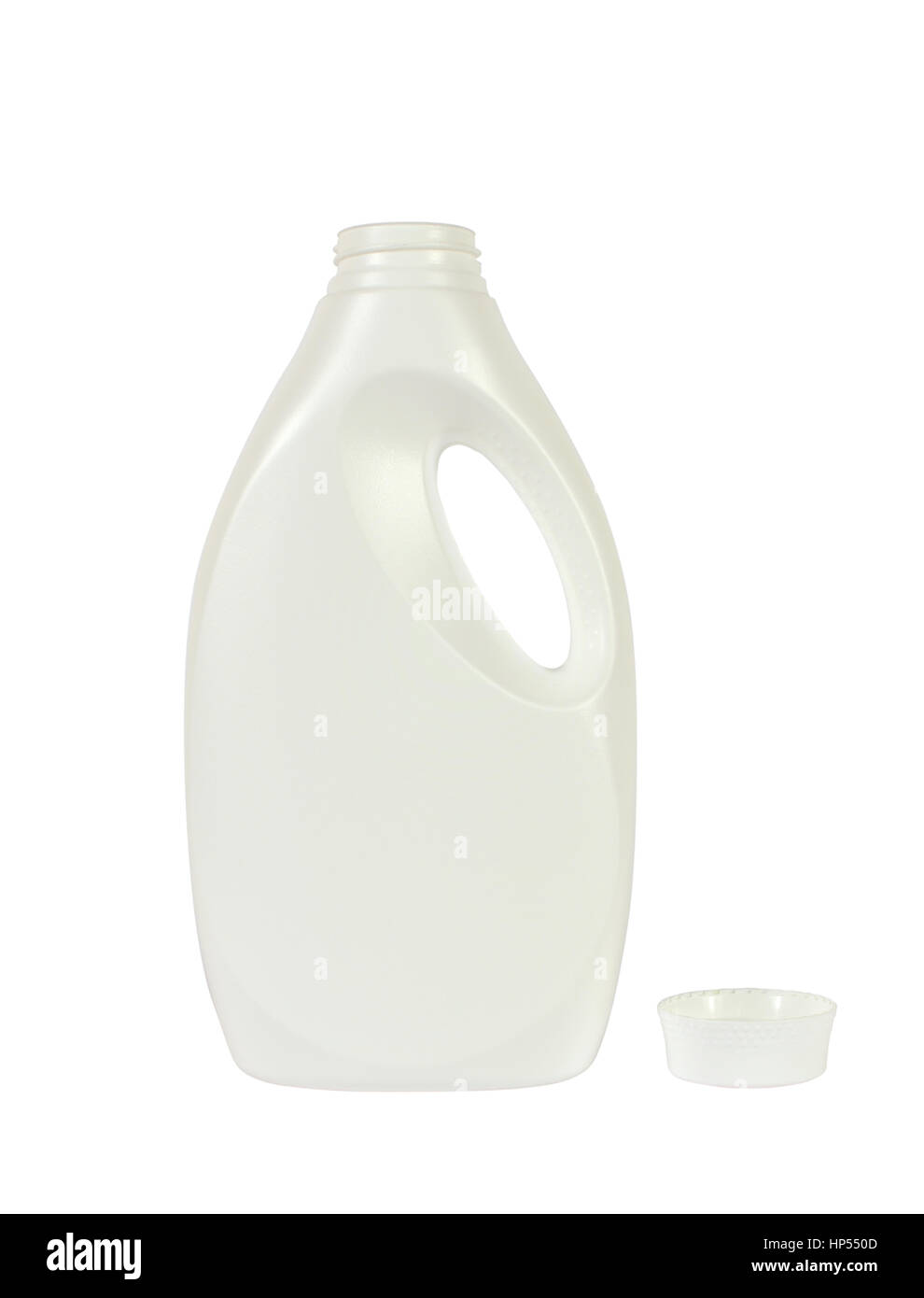 Opened white plastic bottle with its lid beside, isolated on white ...