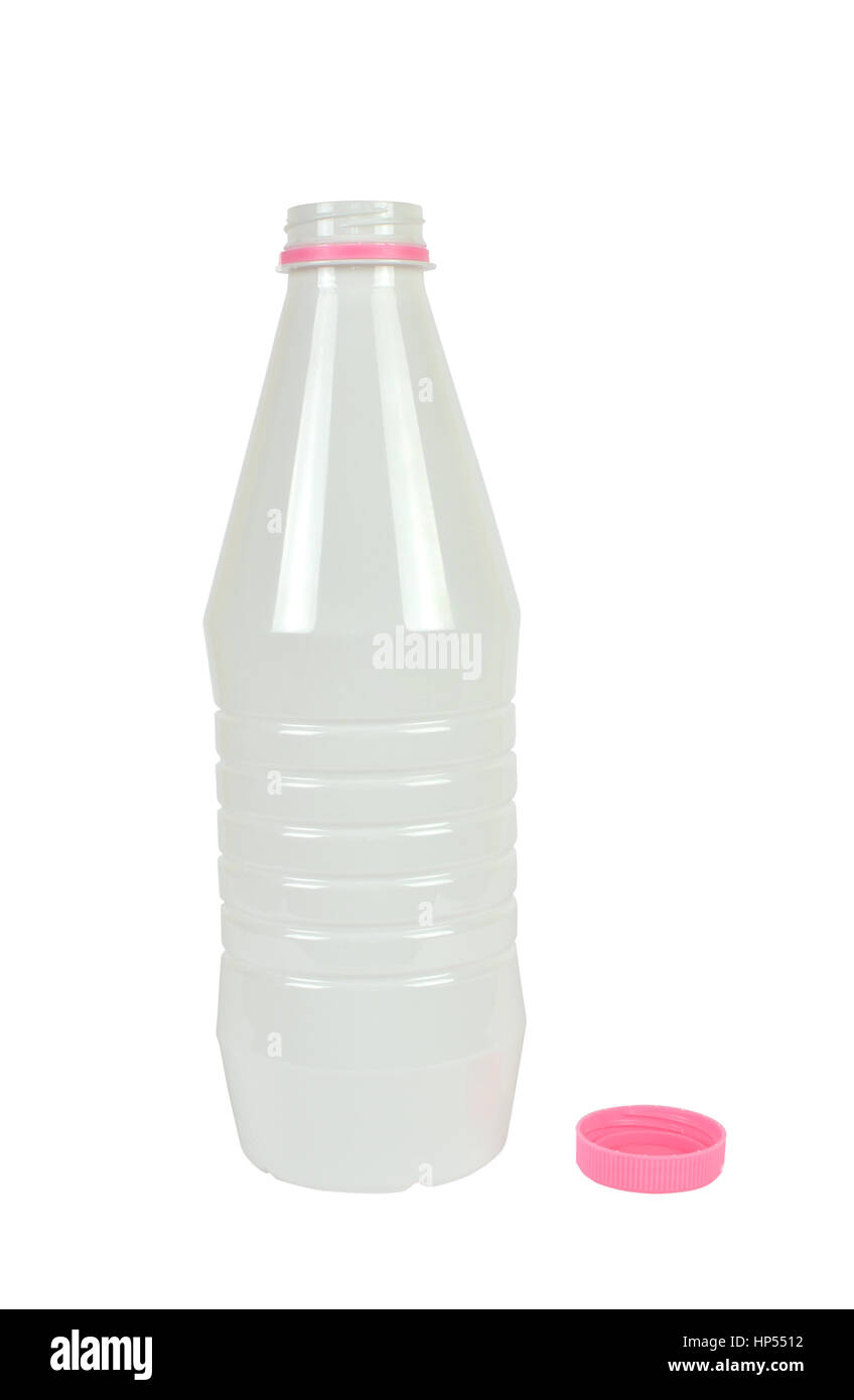 White opened plastic bottle for milk or milky drinks with its pink lid ...