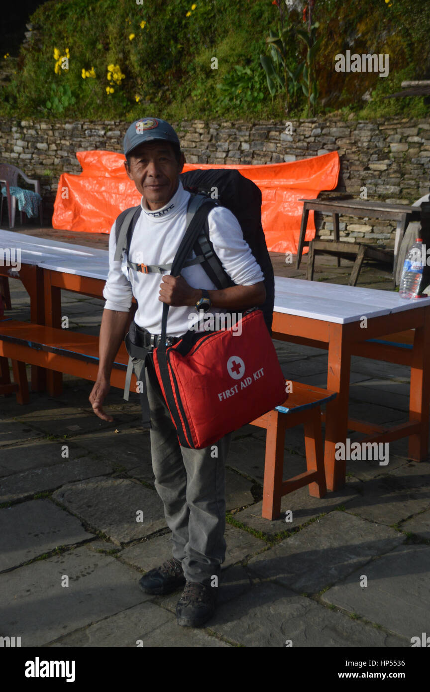 Local Nepalese Sherpa Guide Carrying a Large First Aid Kit Setting off ...