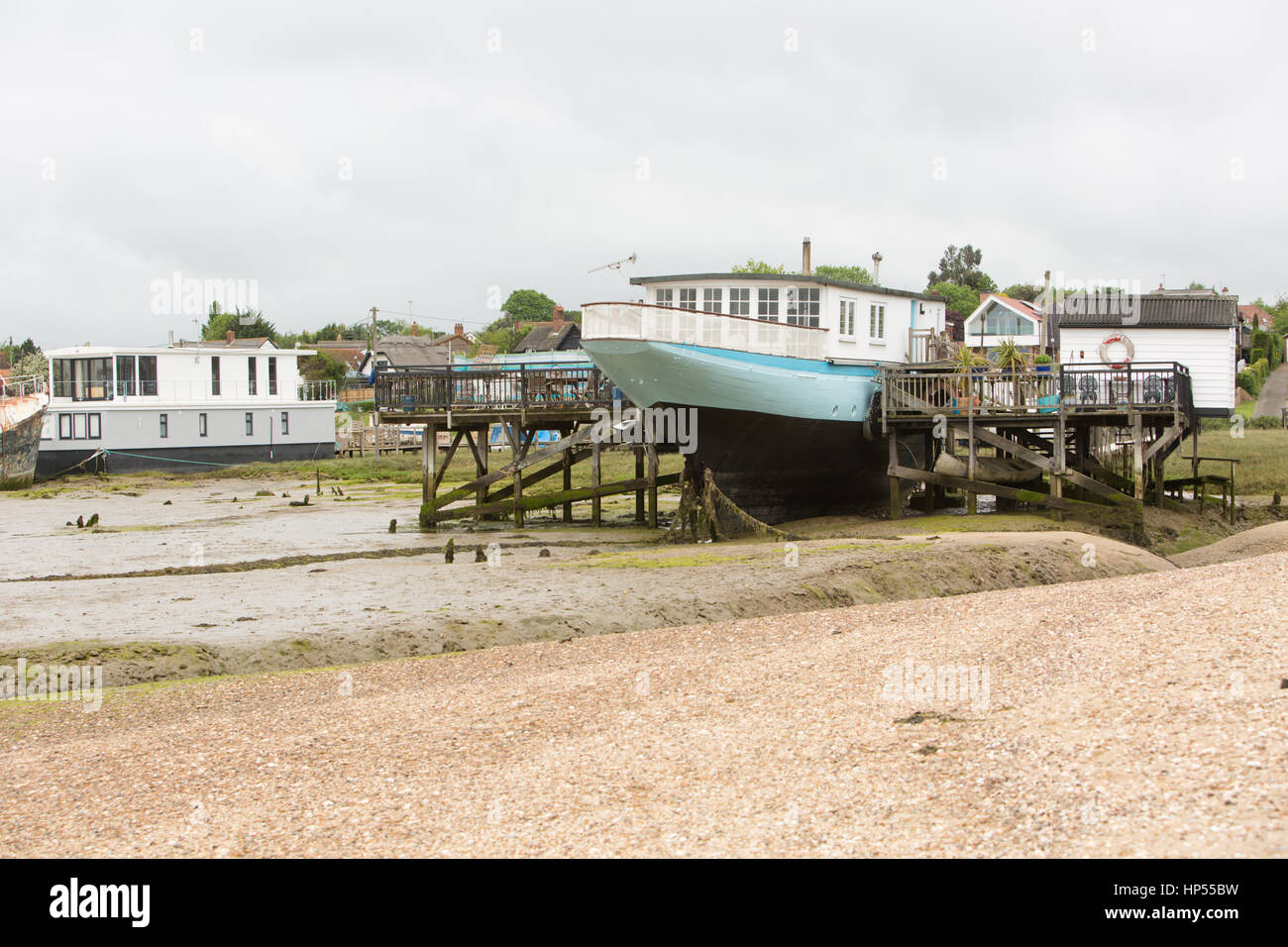 House boats at West Mersea, on estuary of the Blackwater and Colne ...