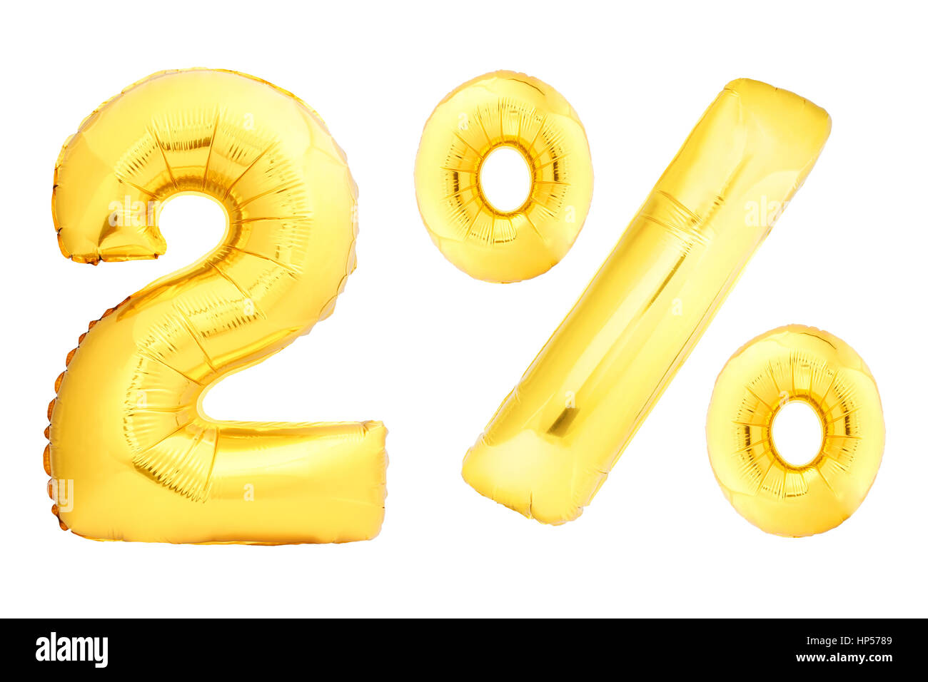 Golden two percent made of inflatable balloons isolated on white ...