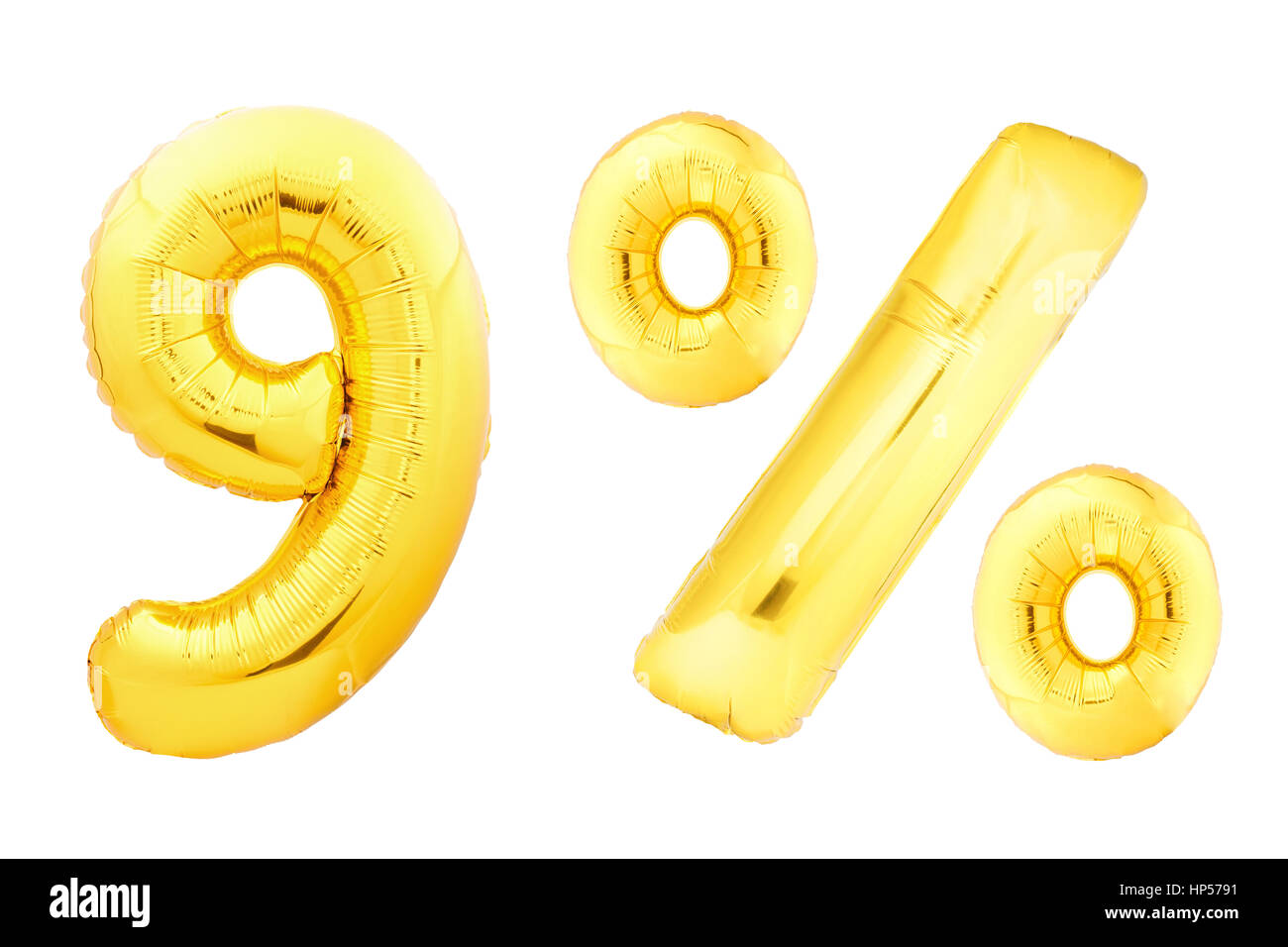 Golden nine percent made of inflatable balloons isolated on white ...
