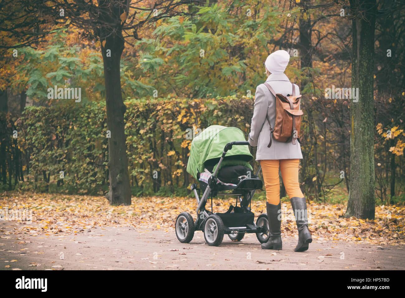 Young mother pushing stroller in autumn park. Young woman strolling ...
