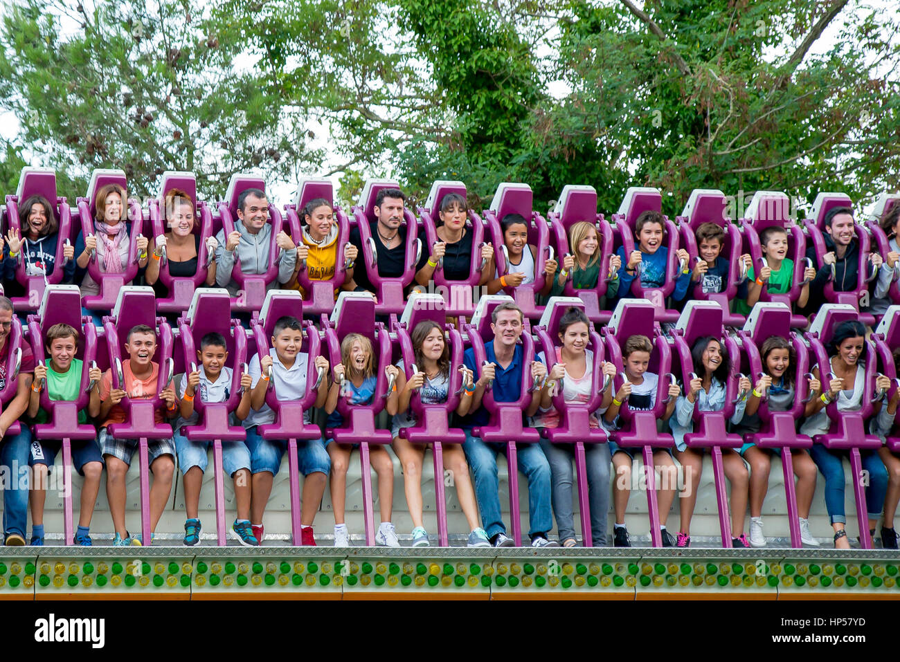 BARCELONA - SEP 5: People have fun at the Drop Tower attraction at ...