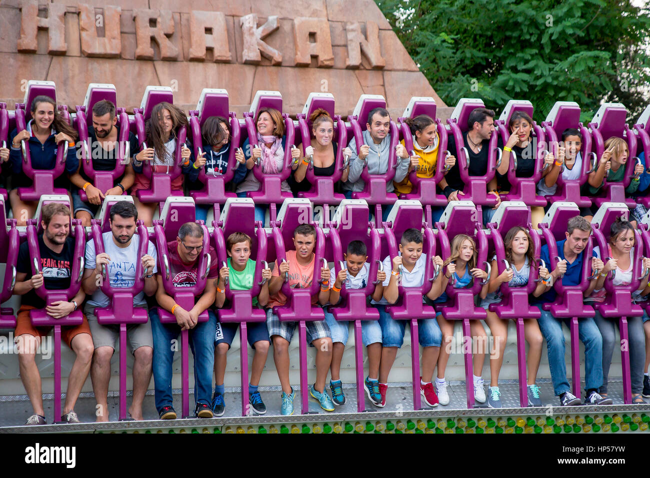 BARCELONA - SEP 5: People have fun at the Drop Tower attraction at ...