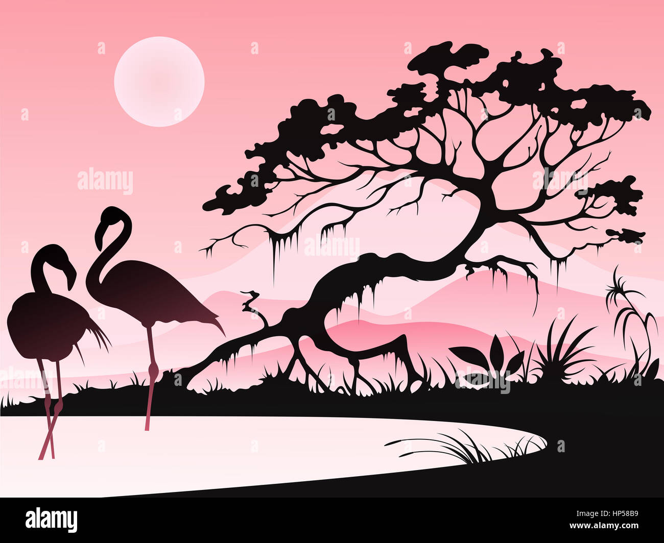 Landscape with two flamingos and tree on a pink background Stock Photo ...
