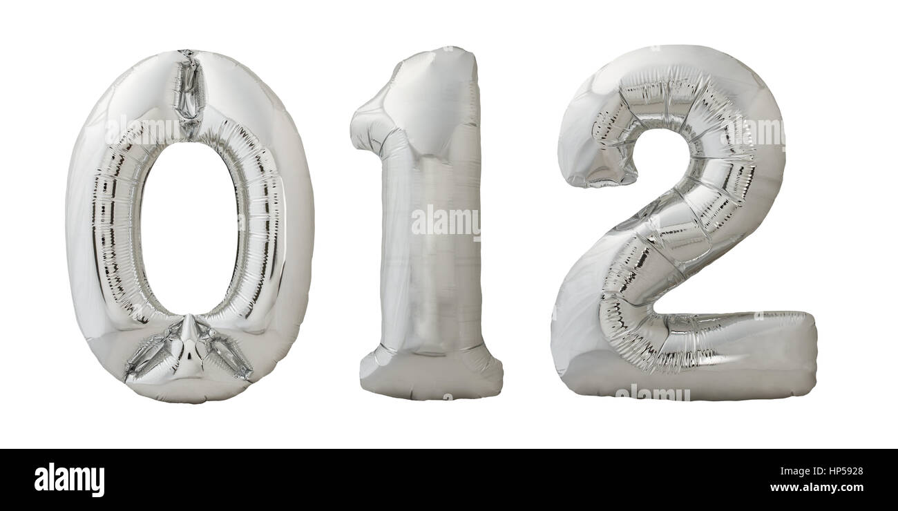 Chrome silver inflatable balloons numbers 0, 1, 2 isolated on white ...