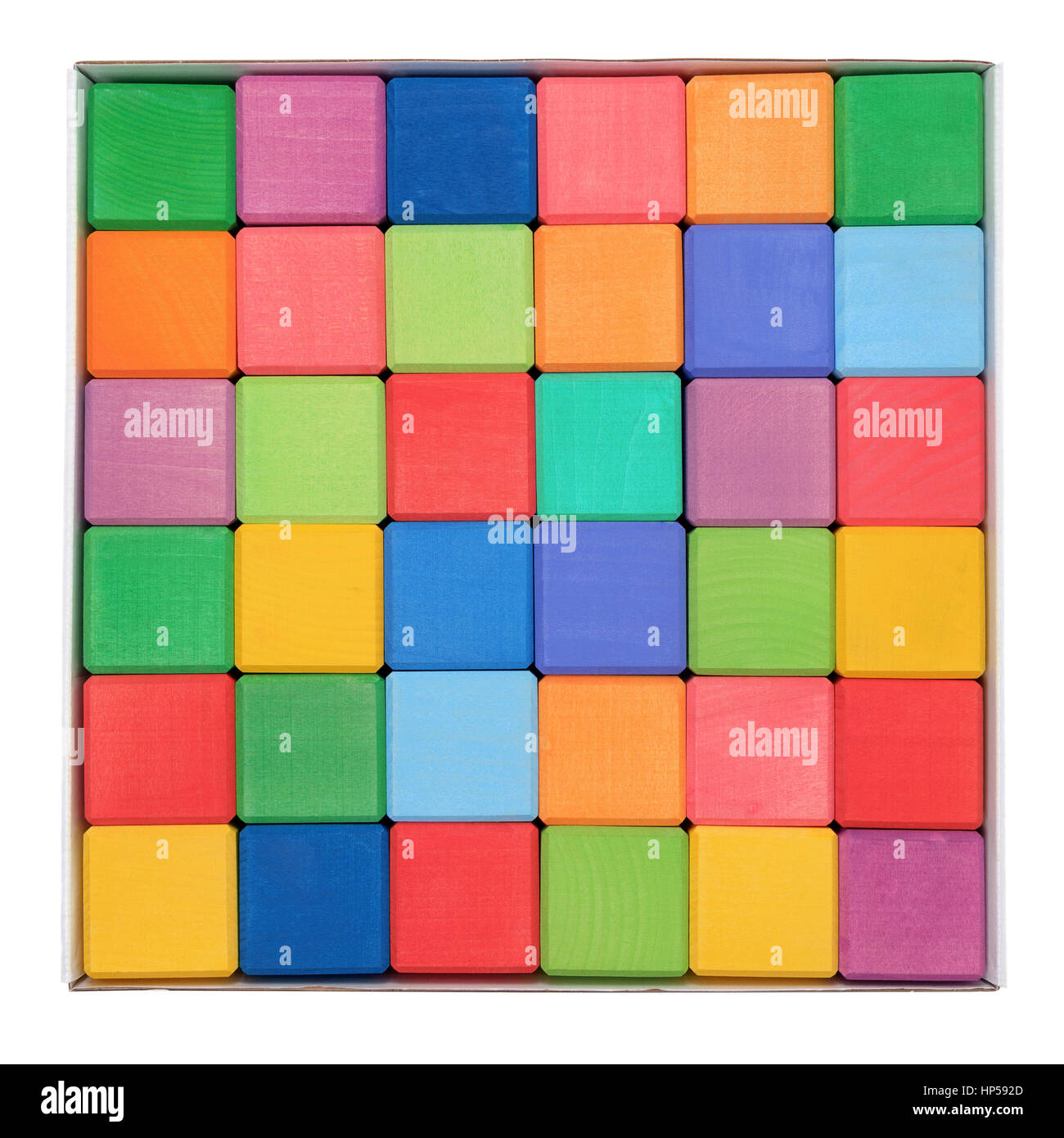 Colorful wooden blocks in paper box isolated on white background. Flat ...