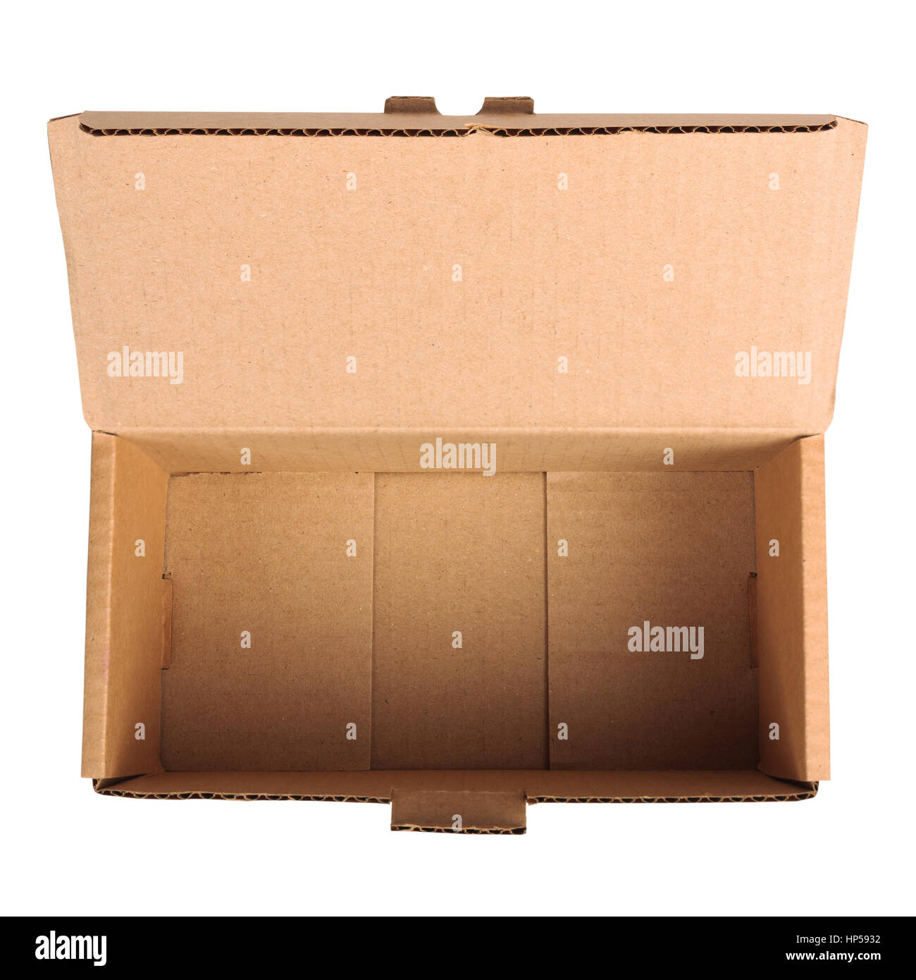 Open empty cardboard box isolated on white background. Flat lay. POV ...