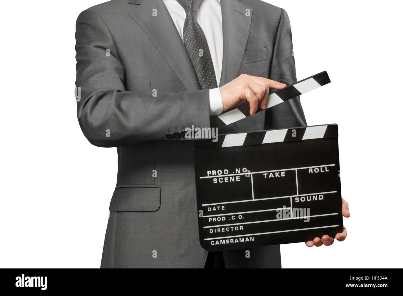 Man holding movie clapper board isolated on white background Stock ...