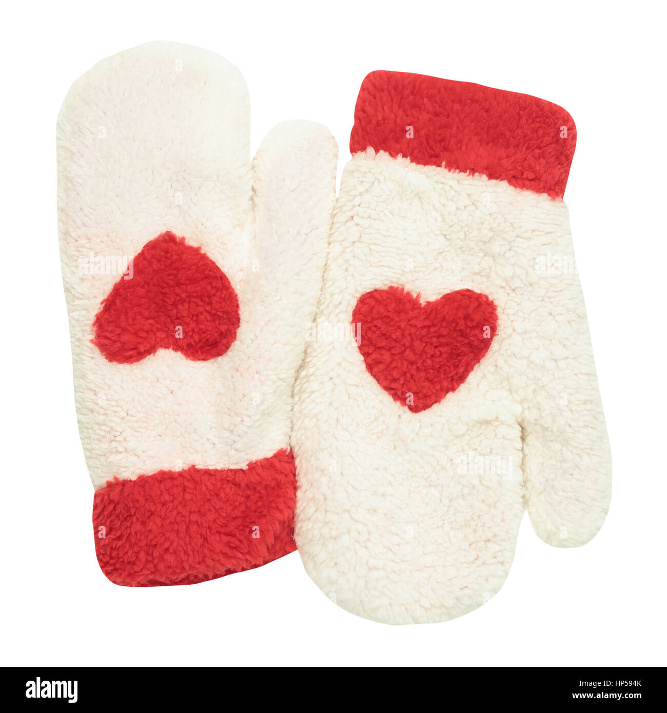 White mittens with red heart symbol isolated on white background. Flat ...