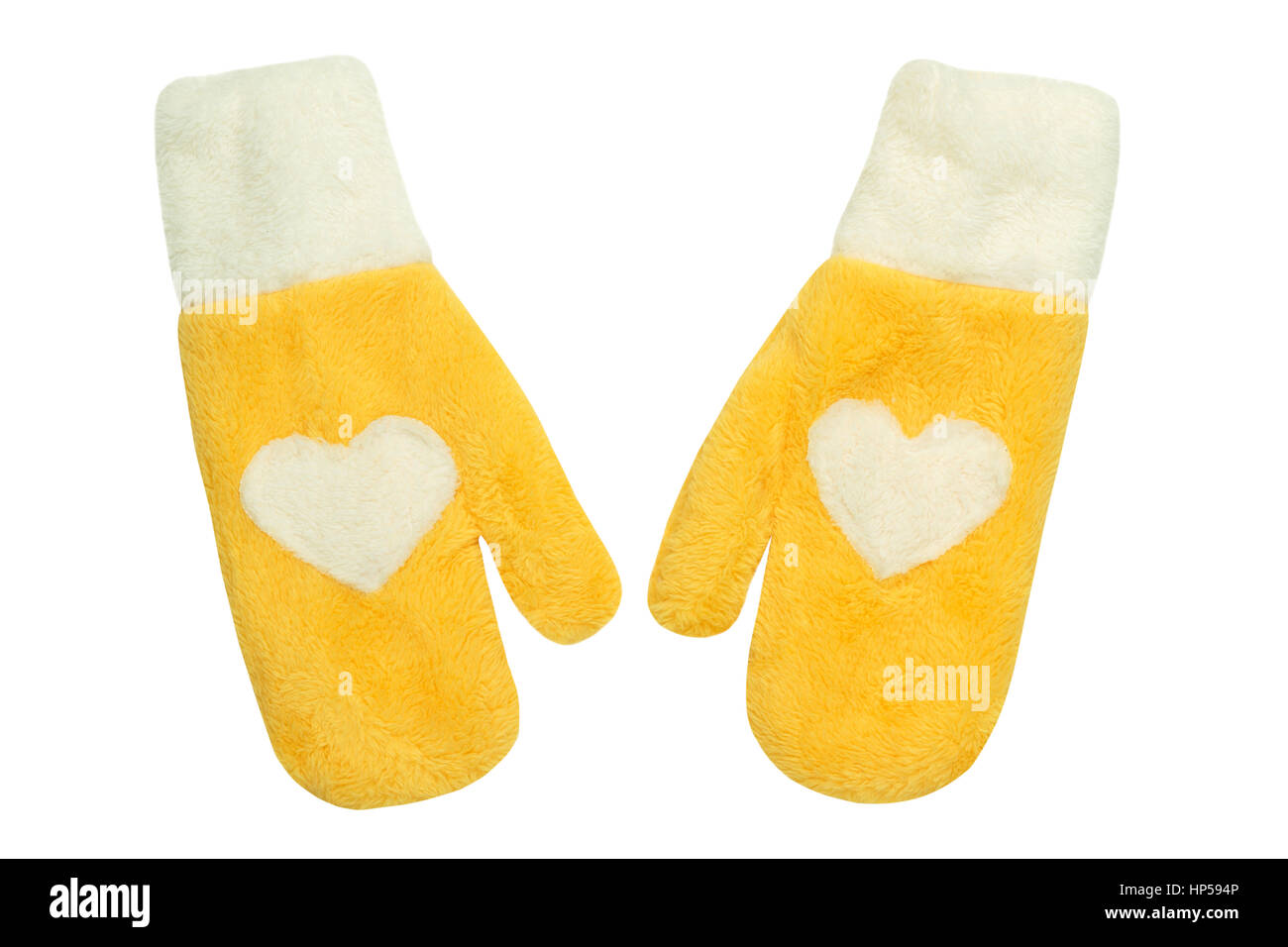 Yellow mittens with heart symbol on white isolated. Flat lay Stock ...