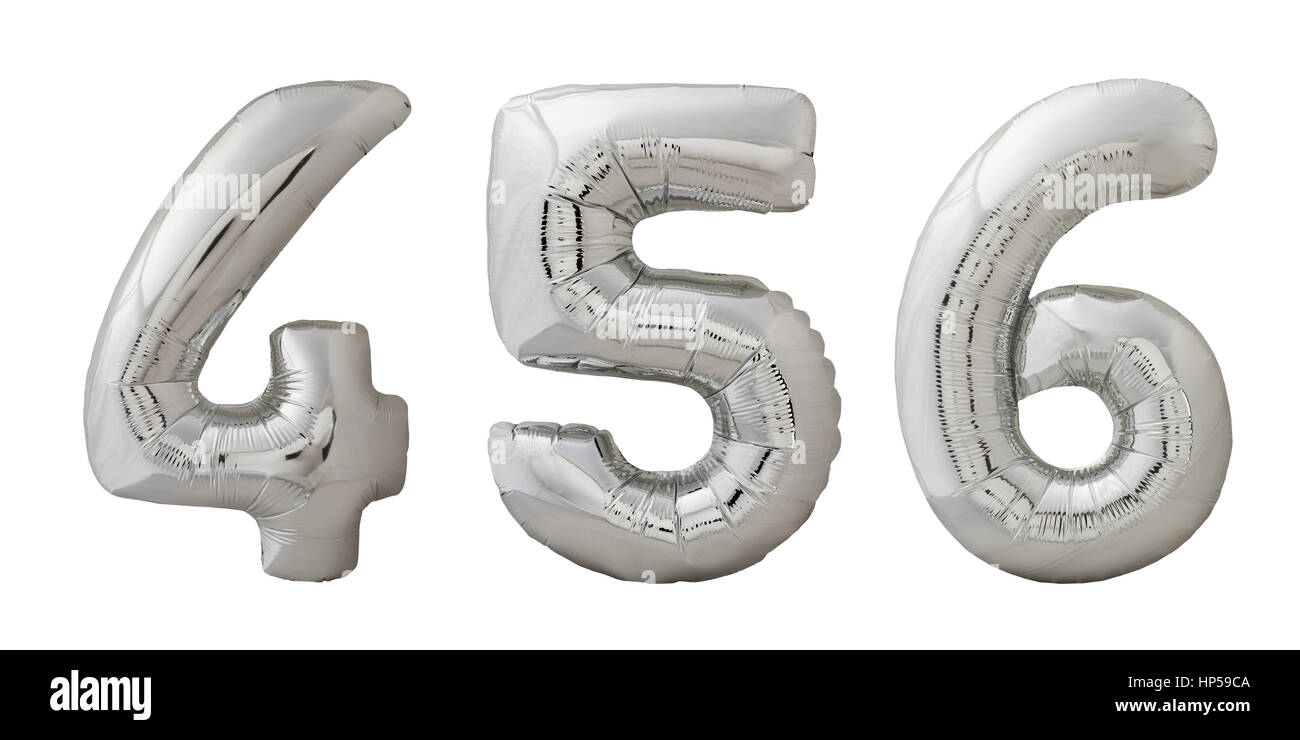 Chrome silver inflatable balloons numbers 4, 5, 6 isolated on white ...
