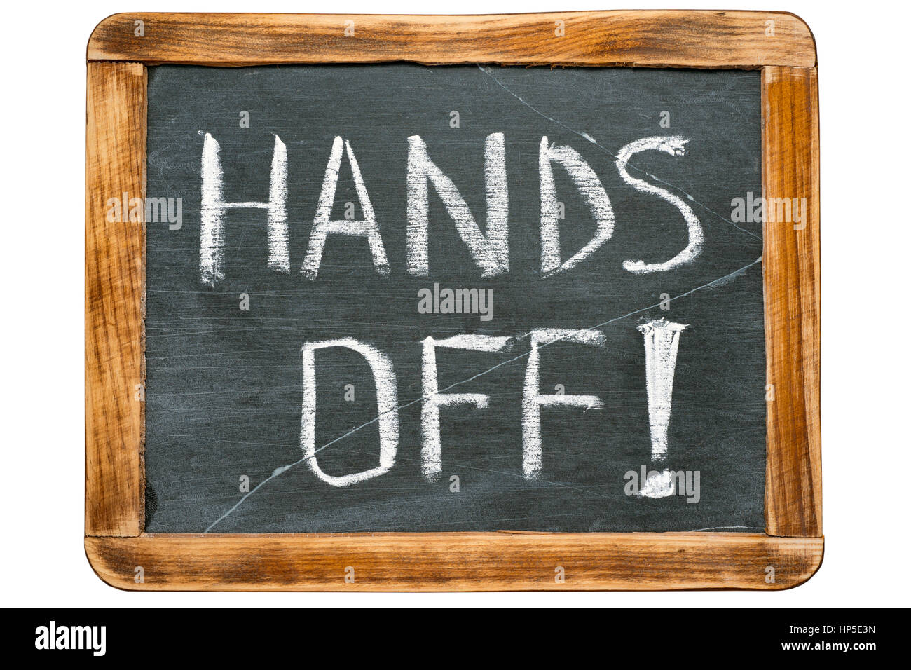 hands off exclamation handwritten on vintage school slate board ...