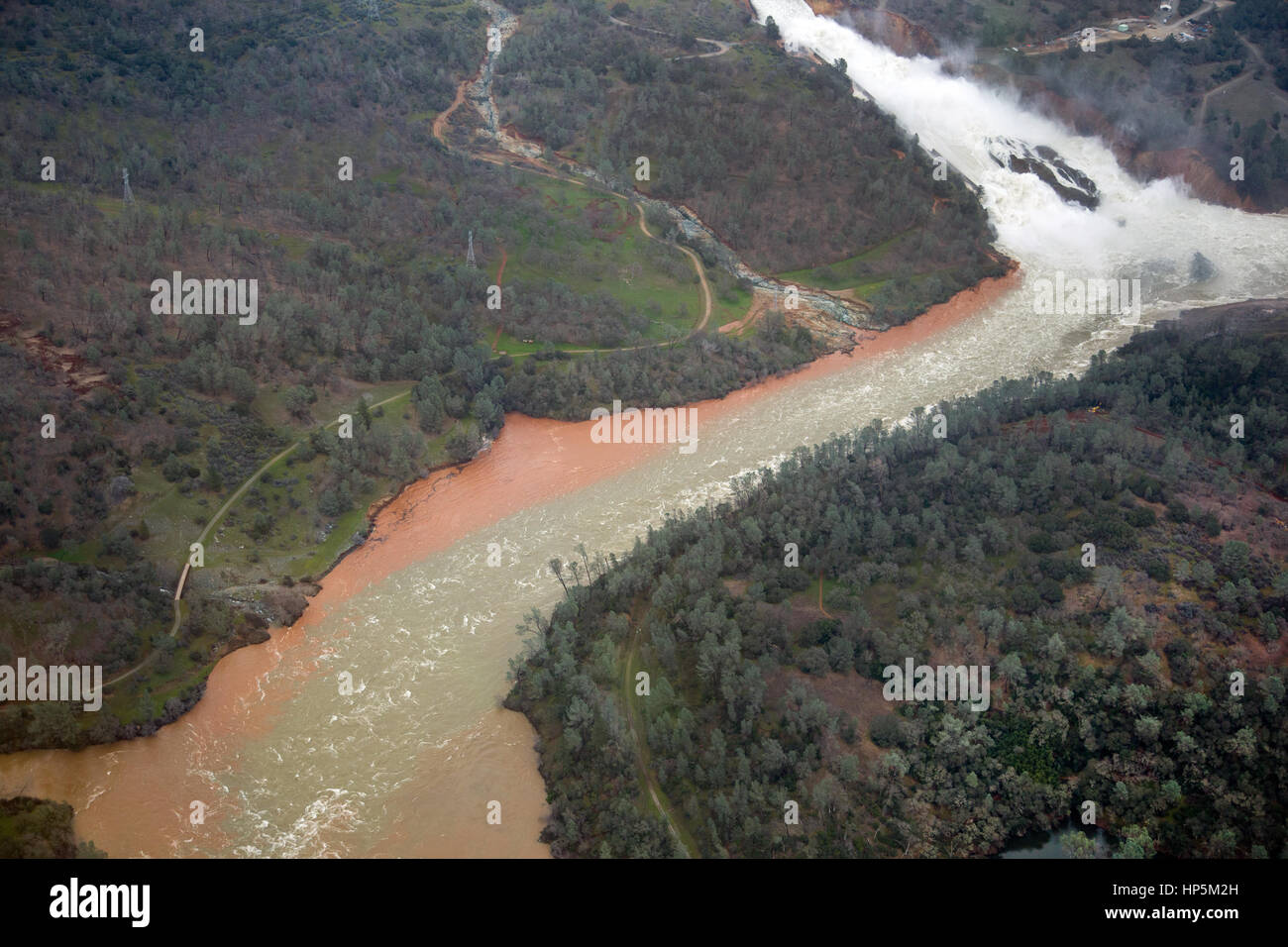 Aerial view showing the outflow waters of the diversion pool on the ...