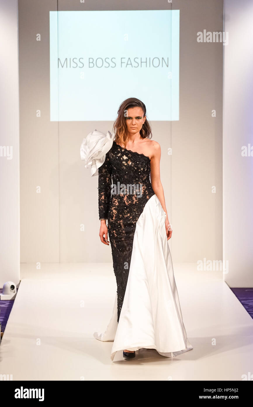 London, UK. 18th Feb 2017. Models wearing Designer Miss Boss Fashion ...